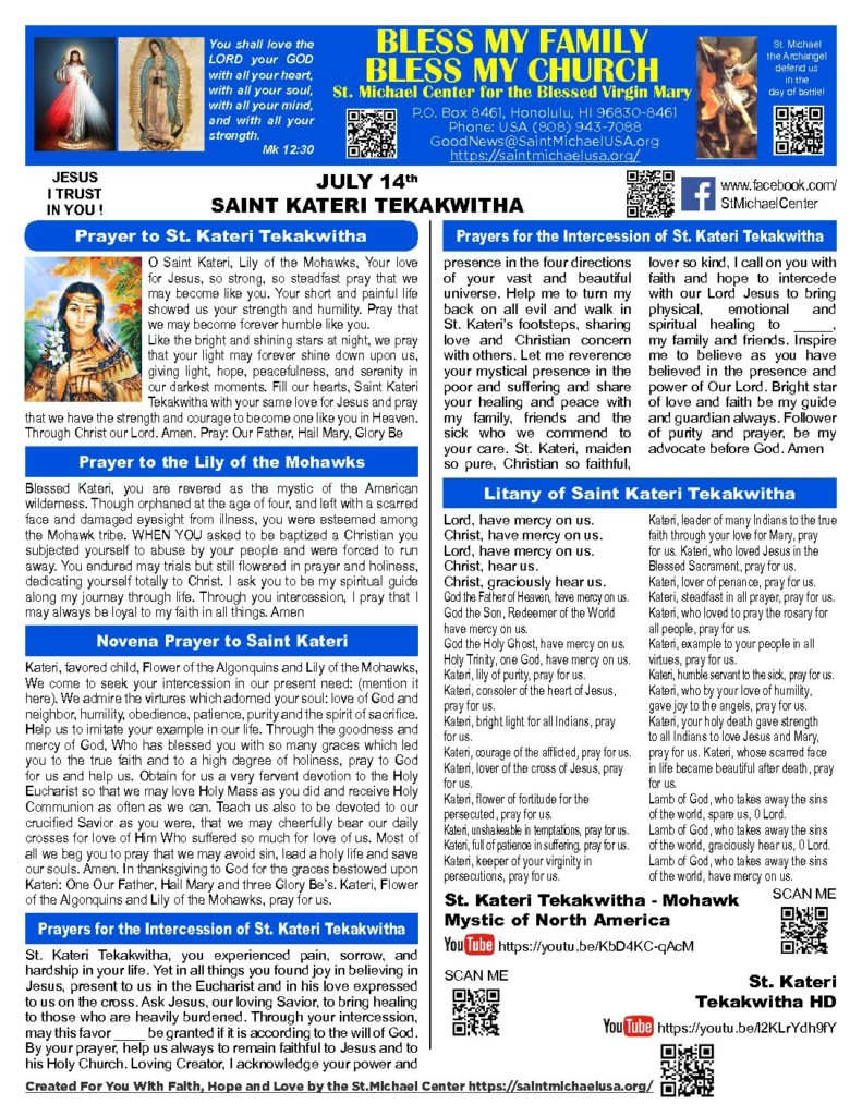 14th July Saint Kateri Tekakwitha - Saint Michael Center